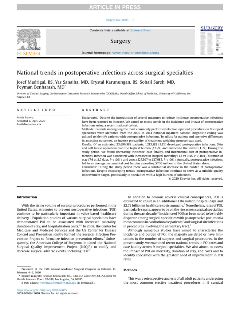 National Trends in Postoperative Infections Across Surgical Specialties | PDF