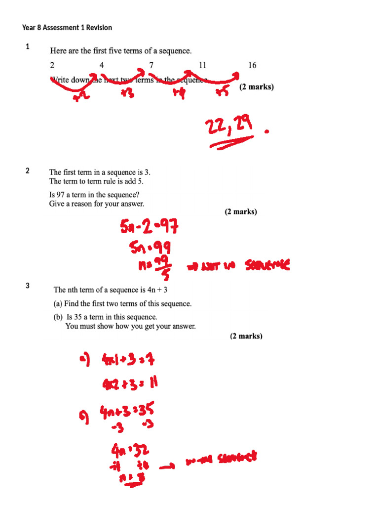 Year 8 Quiz 1 Revision MMC Answers | PDF
