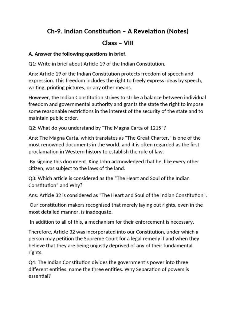 Class-8 Notes-Ch - Indian Constitution - A Revelation | PDF
