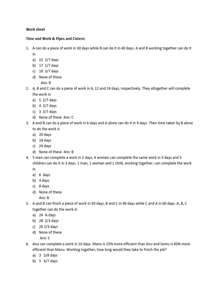 Worksheet Time and Work | PDF