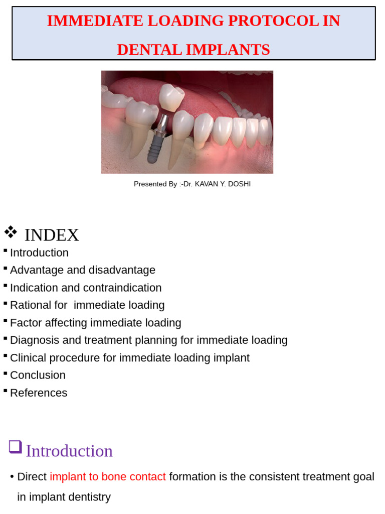 Immediate Implant Loading Protocols BY DR KAVAN Y DOSHI | PDF | Dental Implant | Wellness