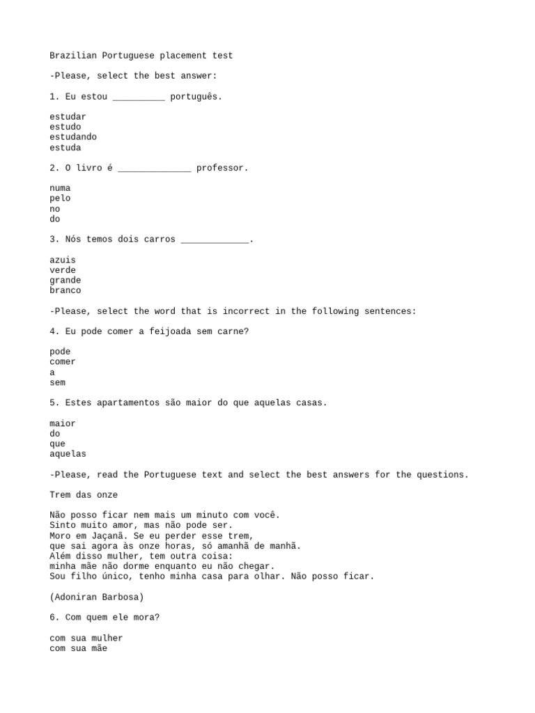 Brazilian Portuguese Placement Test | PDF