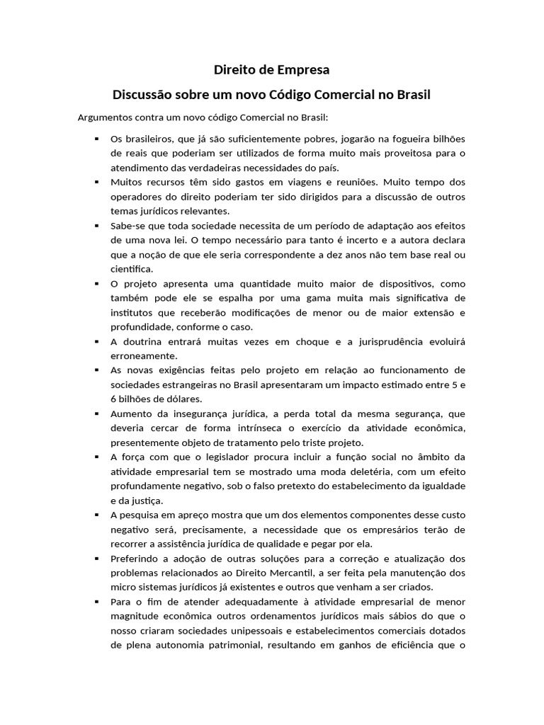 Discussão Sobre Um Novo Código Comercial No Brasil | PDF