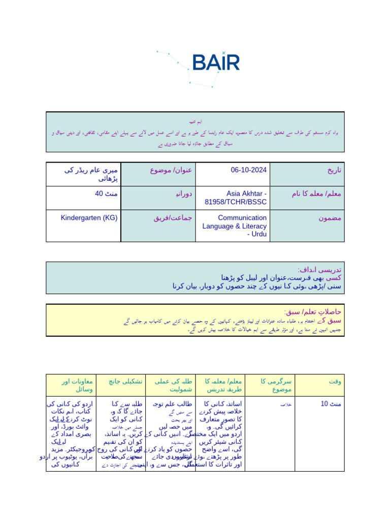 BAIR Lesson Plan - Communication Language & Literacy - Urdu ...