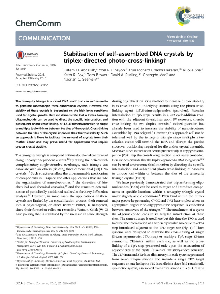Stabilisation of Self-Assembled DNA Crystals by Triplex-Directed Photo ...