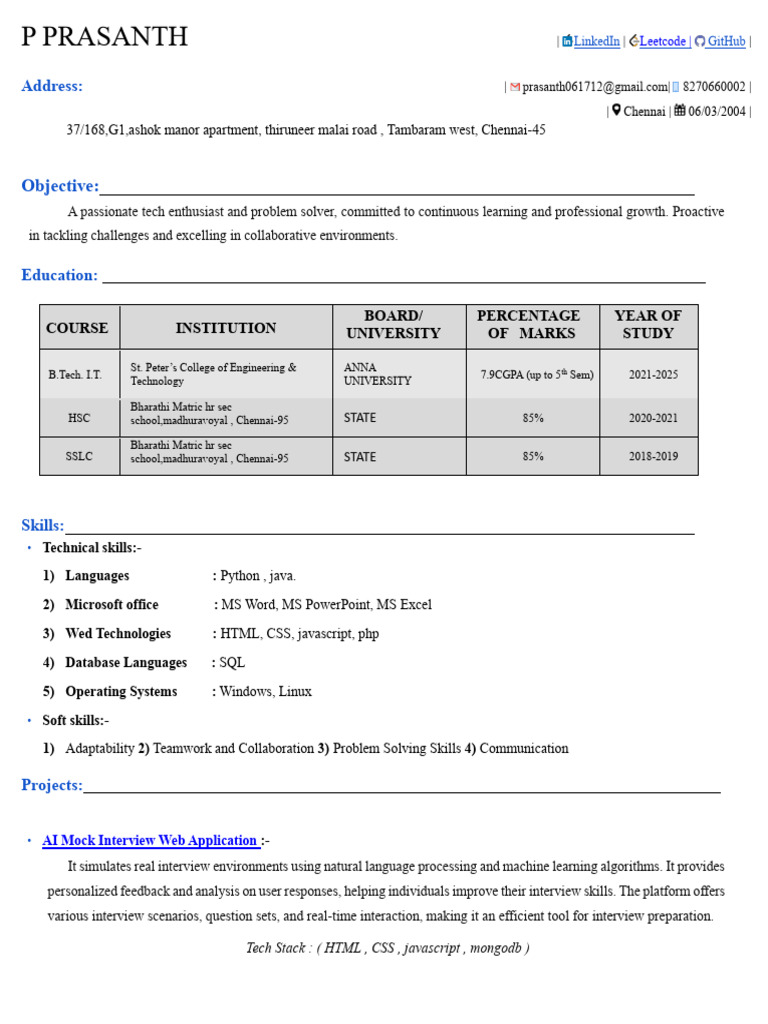 Prasanth Resume Placement | PDF