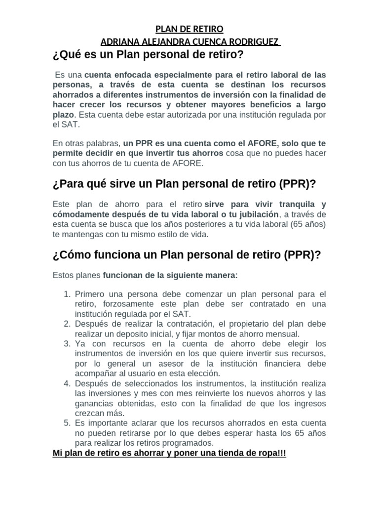 Guía sobre Plan Personal de Retiro | PDF