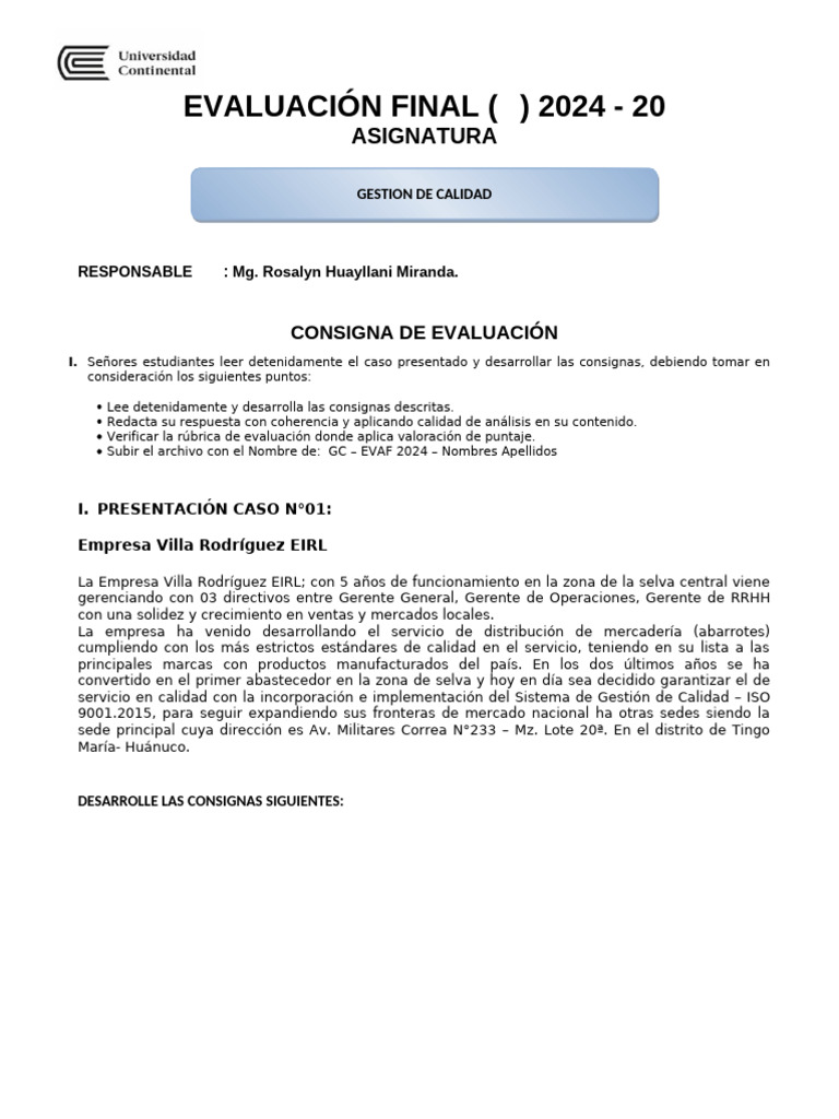 Ev Final Gestion Calidad Tipo A 2024 20a | PDF | Sistema de manejo de calidad