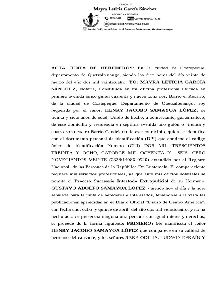 Proceso Sucesorio Intestado Acta de Juntas de Herederos | PDF ...