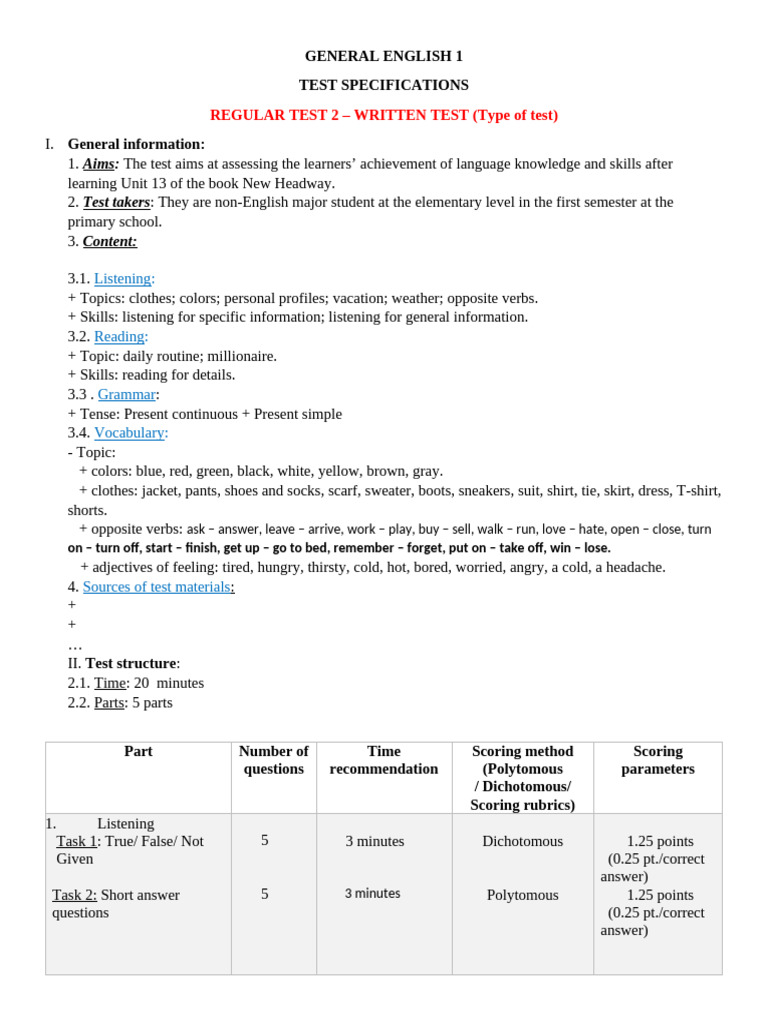 Test specification format homework | PDF