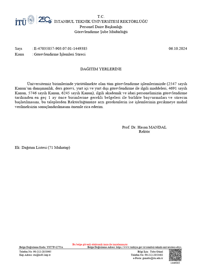 T.C. İTÜ REKTÖRLÜĞÜ (Görevlendirme İşlemleri Süreci) | PDF