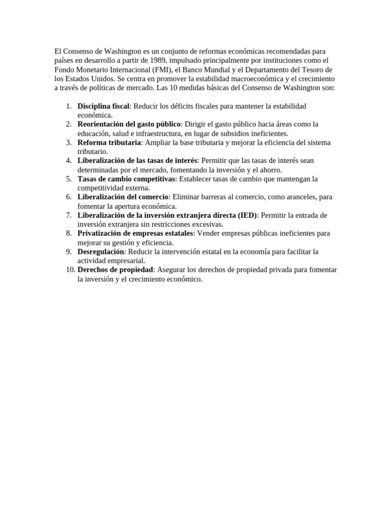 El Consenso de Washington es un conjunto de reformas económicas ... El Consenso de Washington es un conjunto de reformas económicas ...