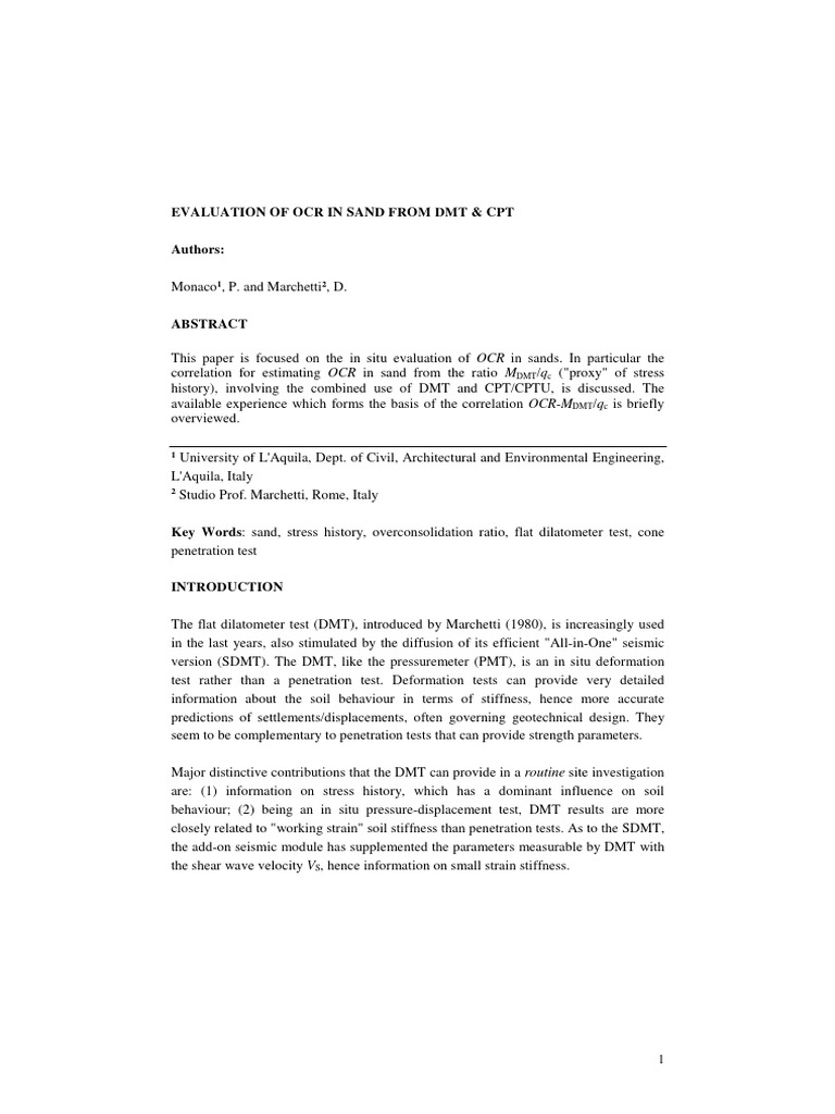 Evaluation of Ocr in Sand From DMT & CPT | PDF