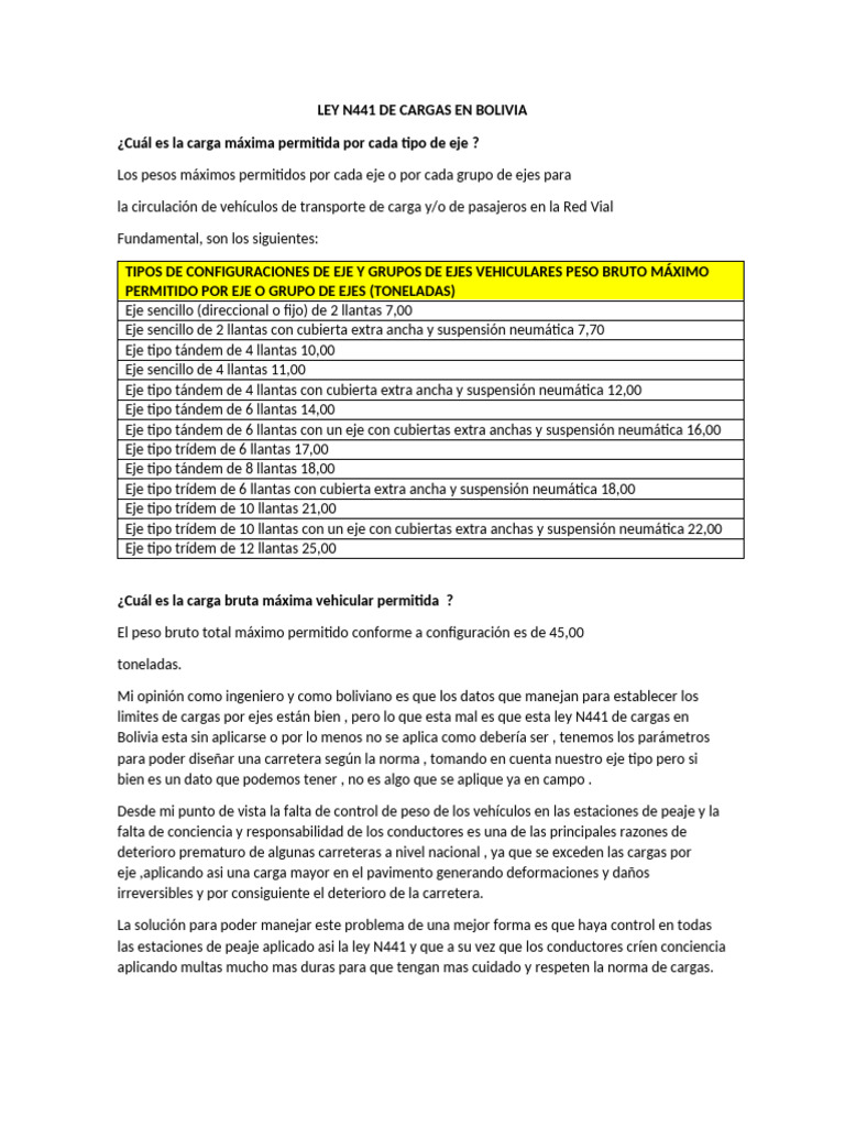 Ley N441 de Cargas en Bolivia | PDF | Eje | Partes de vehículo