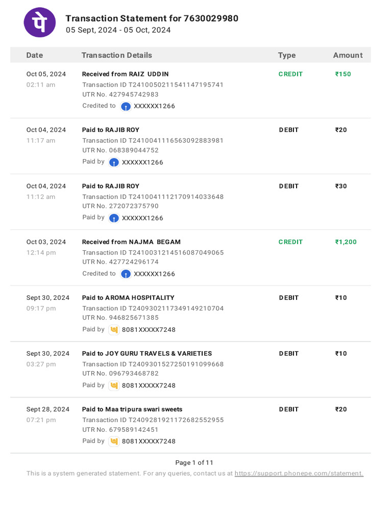 PhonePe Statement Sept2024 Oct2024 | PDF | Debits And Credits | Debit Card