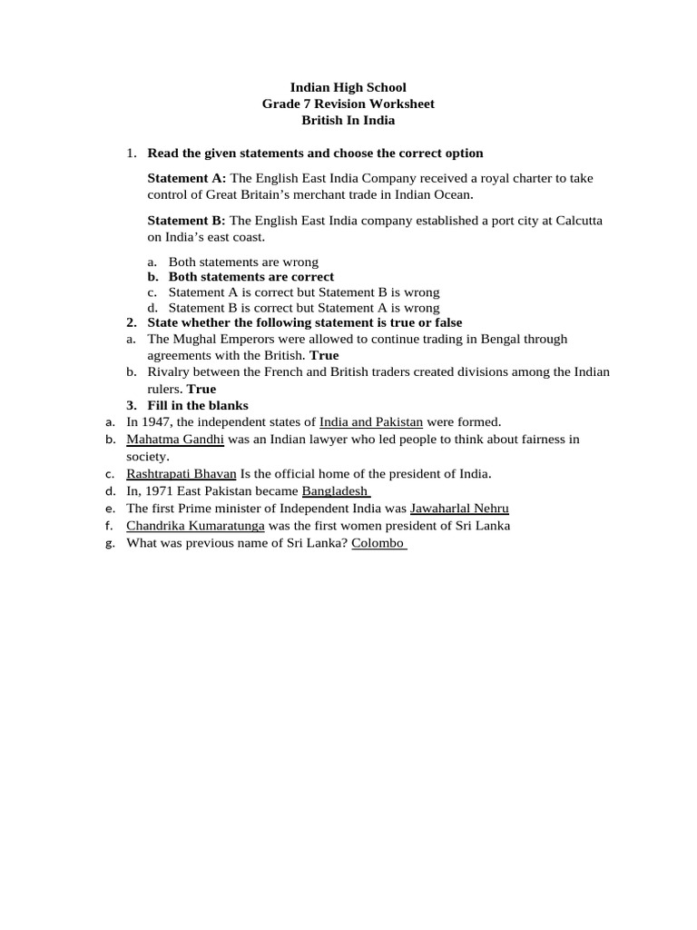 BI British in India Worksheet Mscs Uae gr7 | PDF