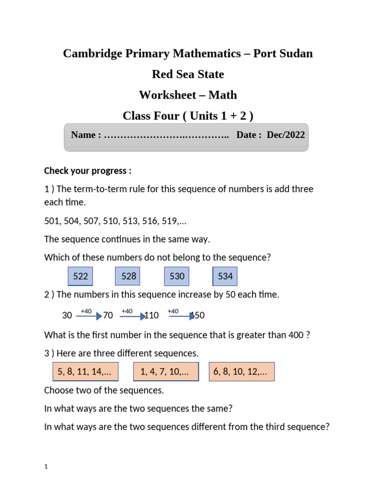 Class 4 Math Worksheet: Sequences & Numbers | PDF | Teaching Methods ...