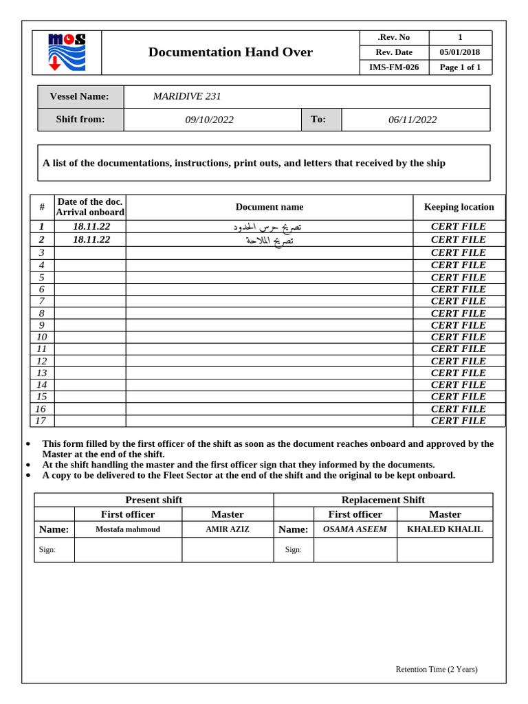 26.IMS-FM-026 Documentation Hand Over | PDF