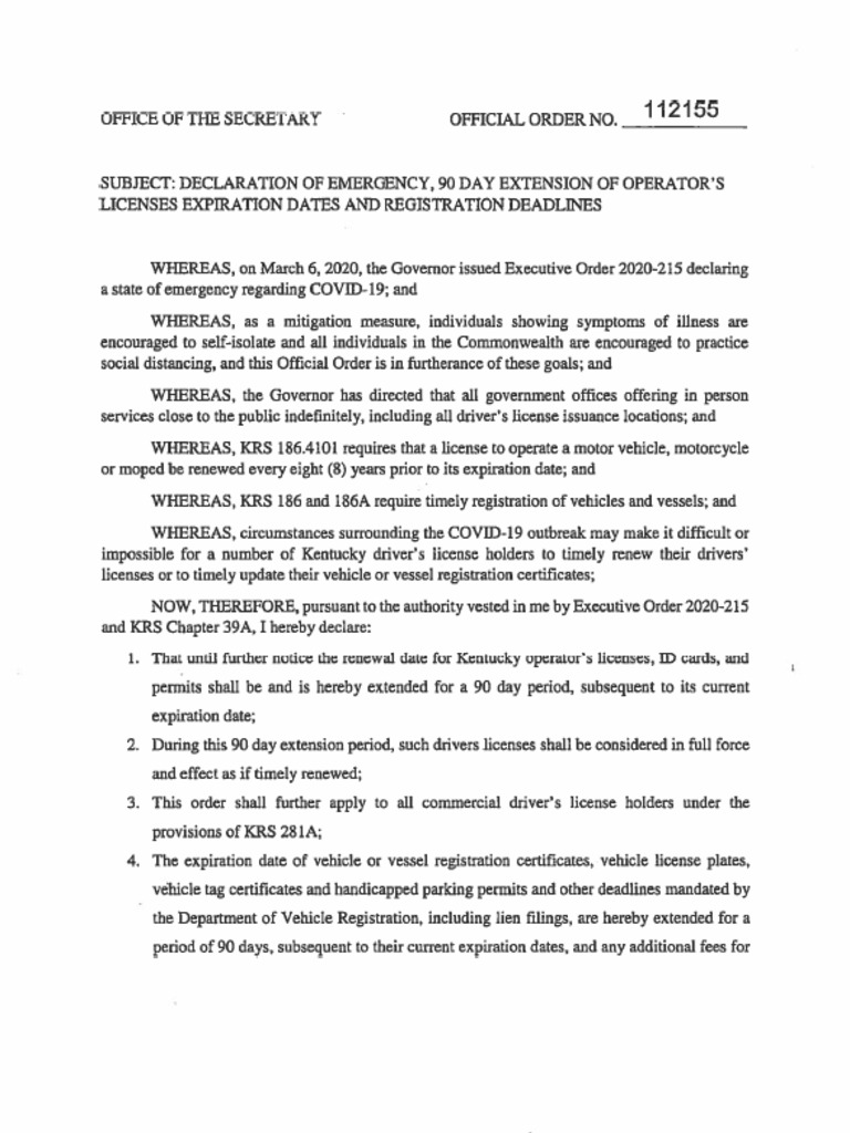 Official Order No. 112155 - Emergency - 90-Day Ext. Re Licenses Exp ...