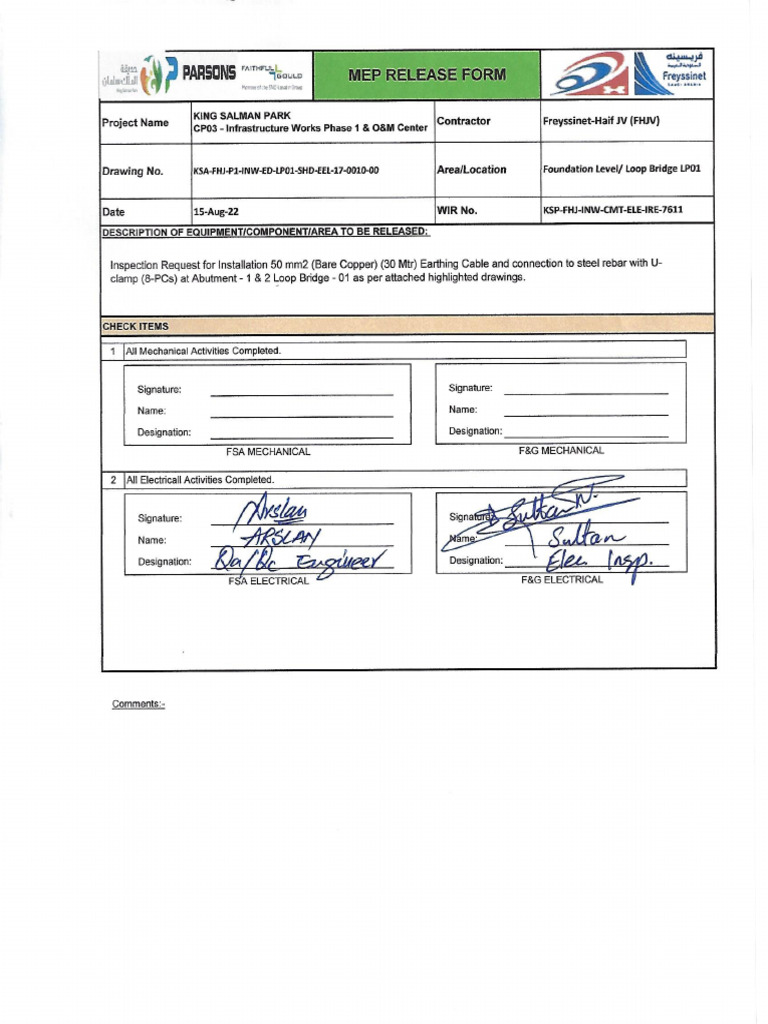 Mep Release Form (Ksp Fhj Inw Cmt Ele Ire 7611) | PDF