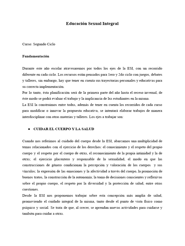 Planificación ESI 2do Ciclo. | PDF | Igualdad de género | Ciencias sociales