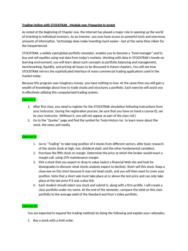 Trading Online With StockTrak - Module One | PDF | Beta (Finance) | Stocks