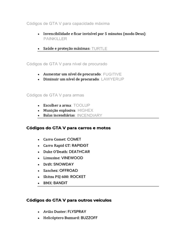 Códigos de GTA V | PDF