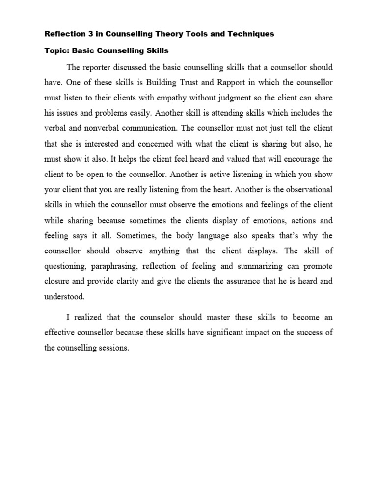 Reflection 3 in Counselling Theory Tools and Techniques | PDF