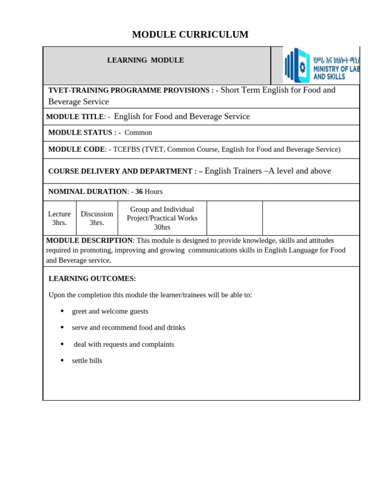 MODULE CURRICULUM - Docx FBS (2022) | PDF