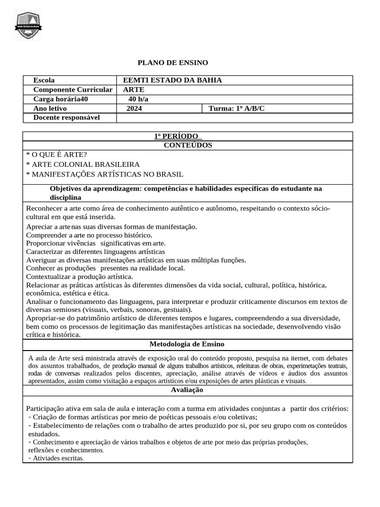 Plano de Ensino Arte 1ABC 2024 | PDF