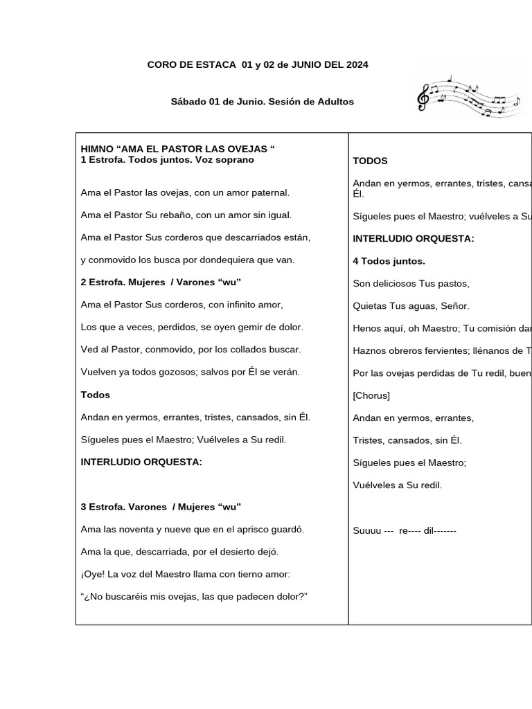 CORO DE ESTACA 01 y 02 de JUNIO DEL 2024. | PDF