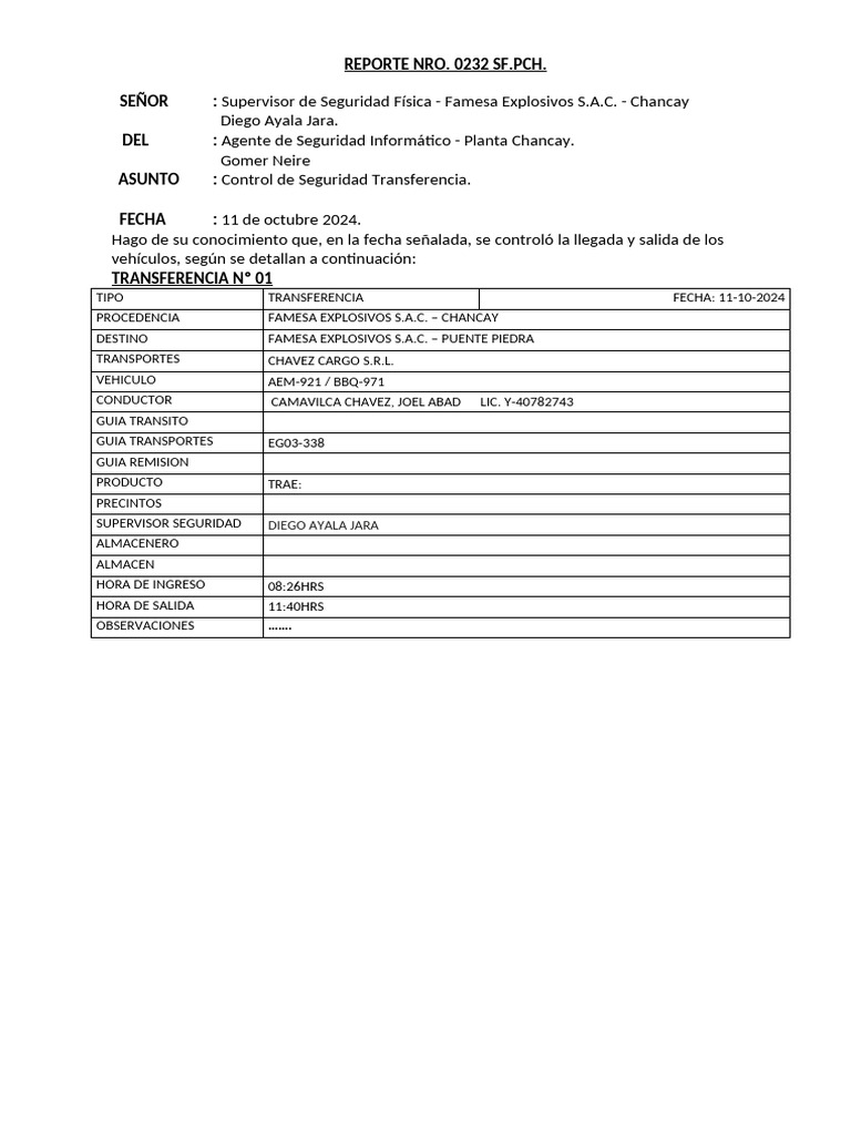 Reporte #0232 Transferencia | PDF