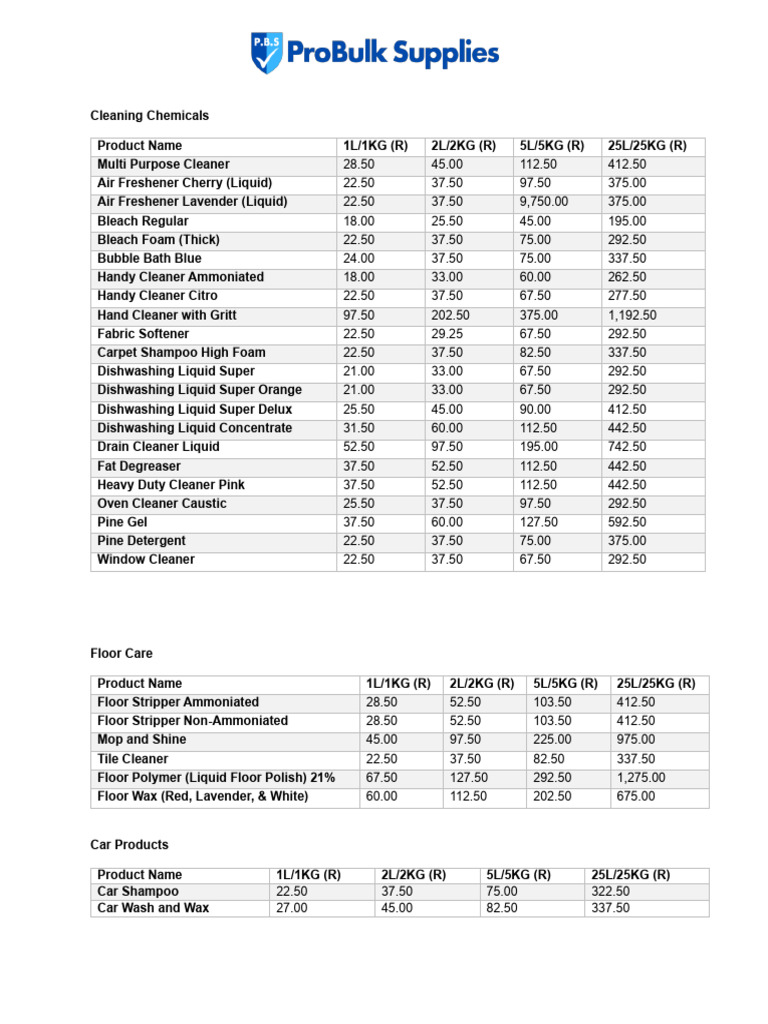 Probulk Supplies Pricelist 20241 | PDF | Cleaning | Hygiene