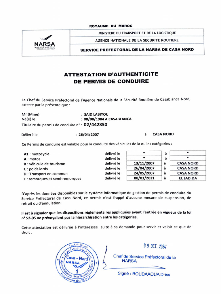 Narsa: Attestation D'Authenticite de Permis de Conduire | PDF