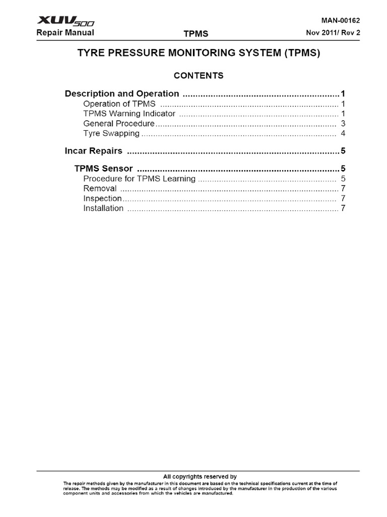 Mahindra XUV500 - Tyre Pressure Monitoring System (TPMS) - PDFs Free Online | PDF