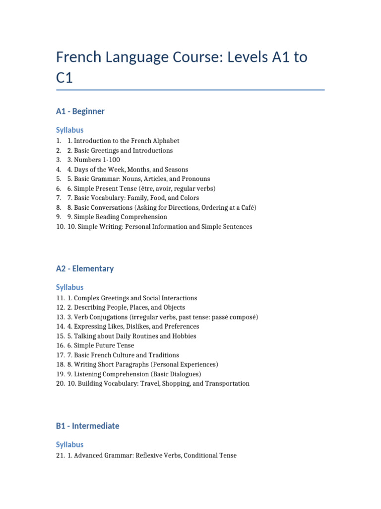 French Language Course A1 To C1 | PDF