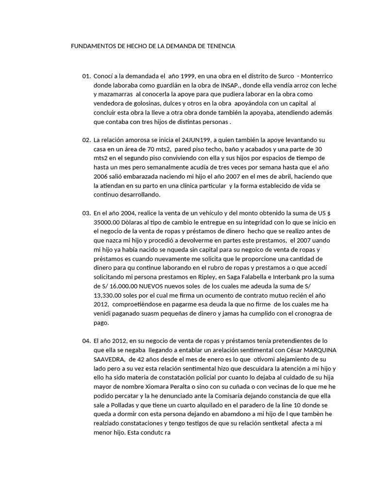 Fundamentos de Hecho de La Demanda de Tenencia | PDF