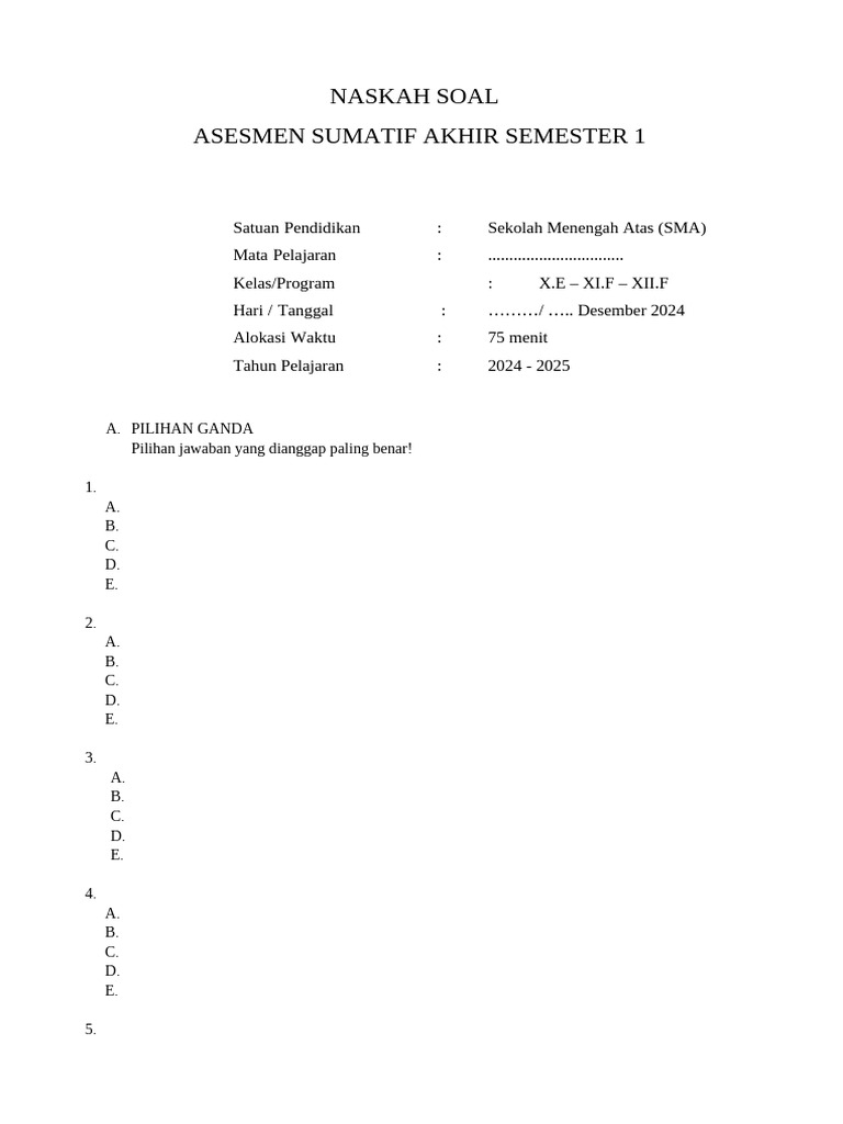 Format Soal Asesmen Sumatif Akhir Semester 1 X.E | PDF