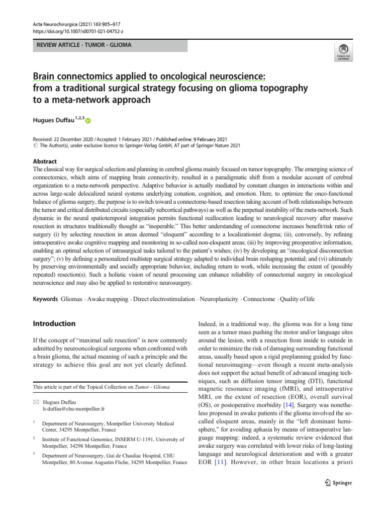 Brain Connectomics - Duffau | PDF