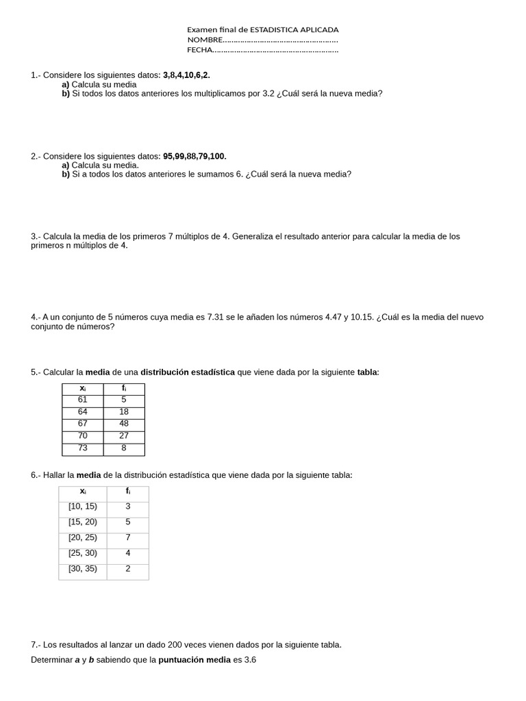 Examen Final de Estadística Aplicada | PDF | Mediana | Informática