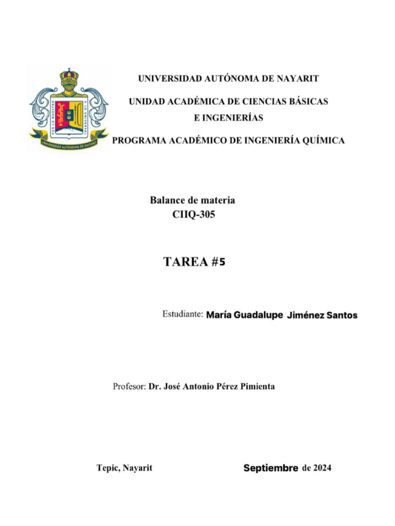 Tarea 5 Balance de Materia Maria Guadalupe Jimenez Santos | PDF