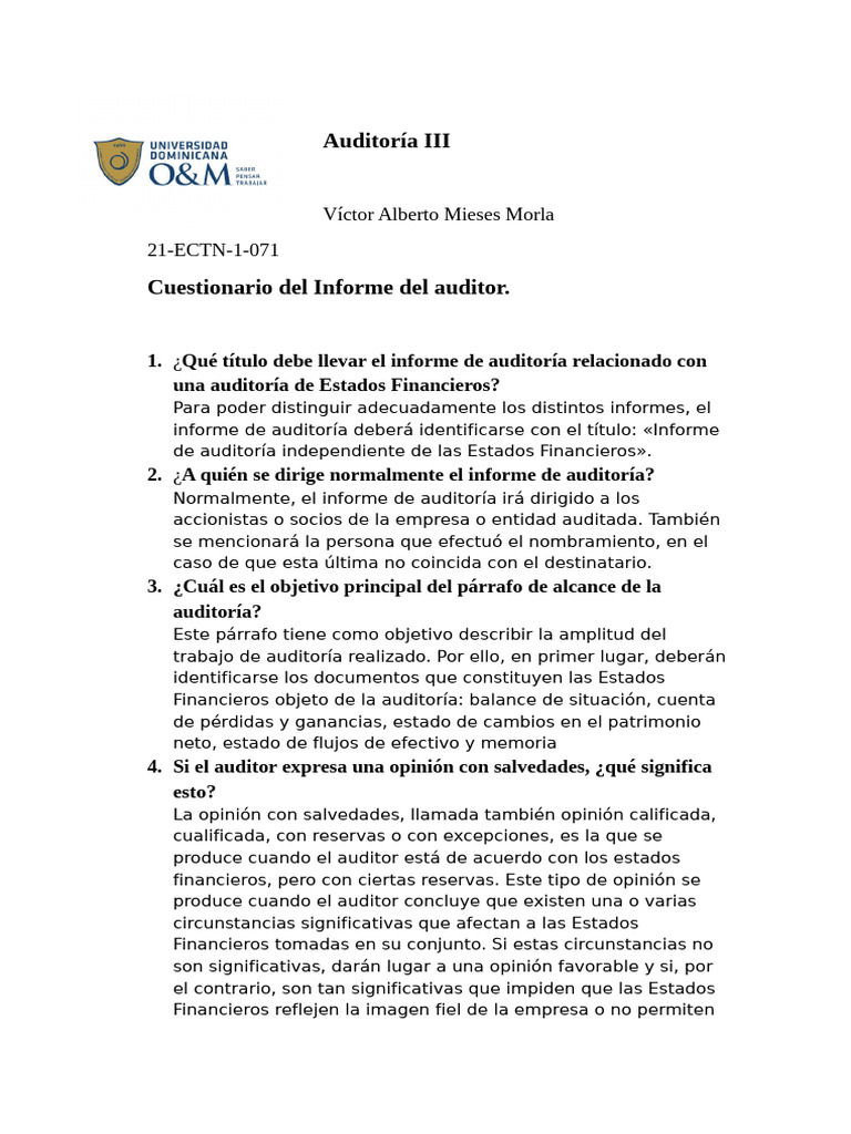 Auditoria III Cuestionario El Informe Del Auditor. | PDF