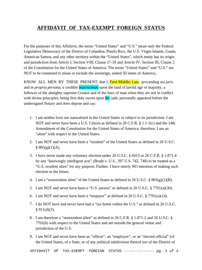 Tax Exempt Foreign Status Template | PDF