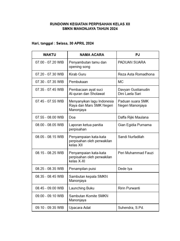 RUNDOWN KEGIATAN PERPISAHAN KELAS XII revisi | PDF