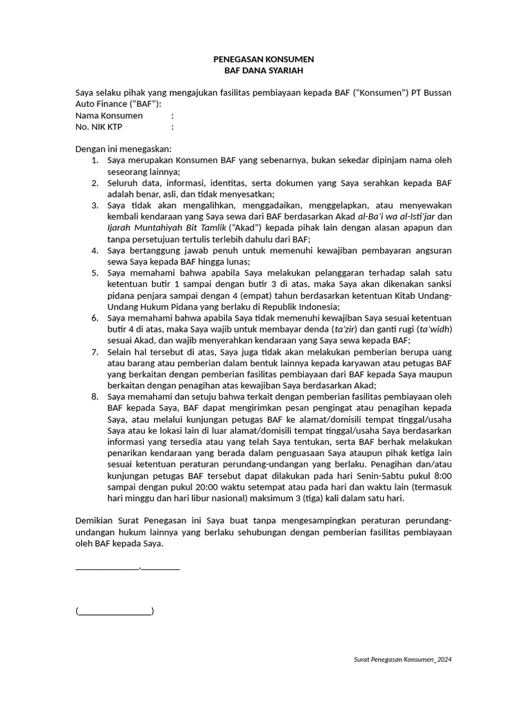 SURAT PENEGASAN KONSUMEN BAF DANA SYARIAH - Final Version | PDF