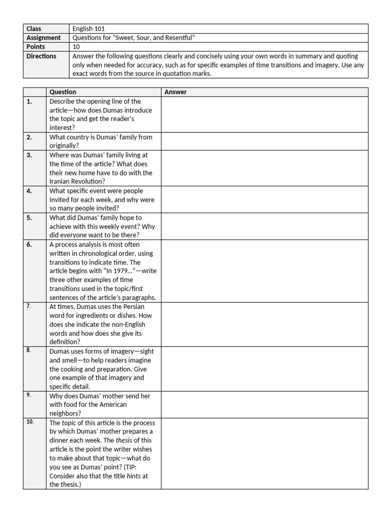 Qs For Sweet Sour Resentful | PDF