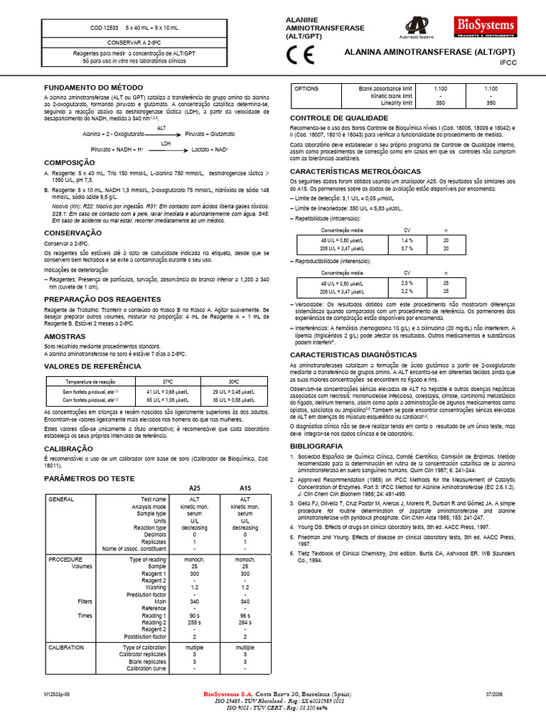 Alanina Aminotransferase (Alt/Gpt) : Biosystems S.A | PDF