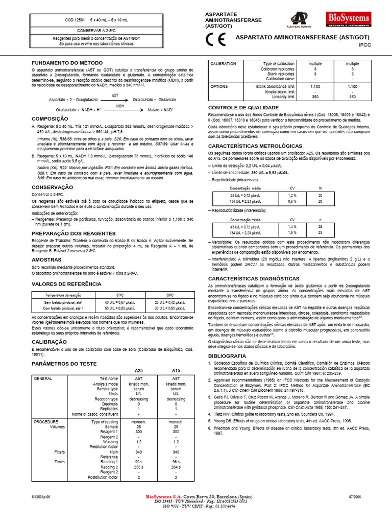 Aspartato Aminotransferase (Ast/Got) : Biosystems S.A | PDF