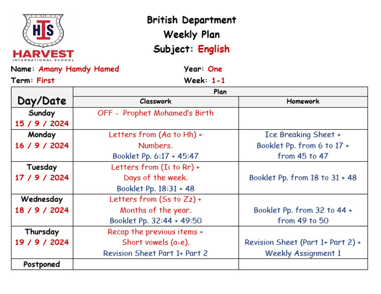 Weekly Plan - Week 1-1 | PDF