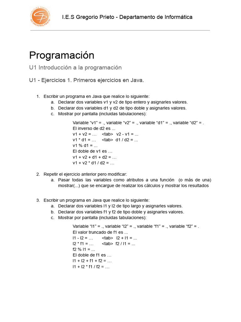 U1-E1 Primeros Ejercicios en Java v04 | PDF